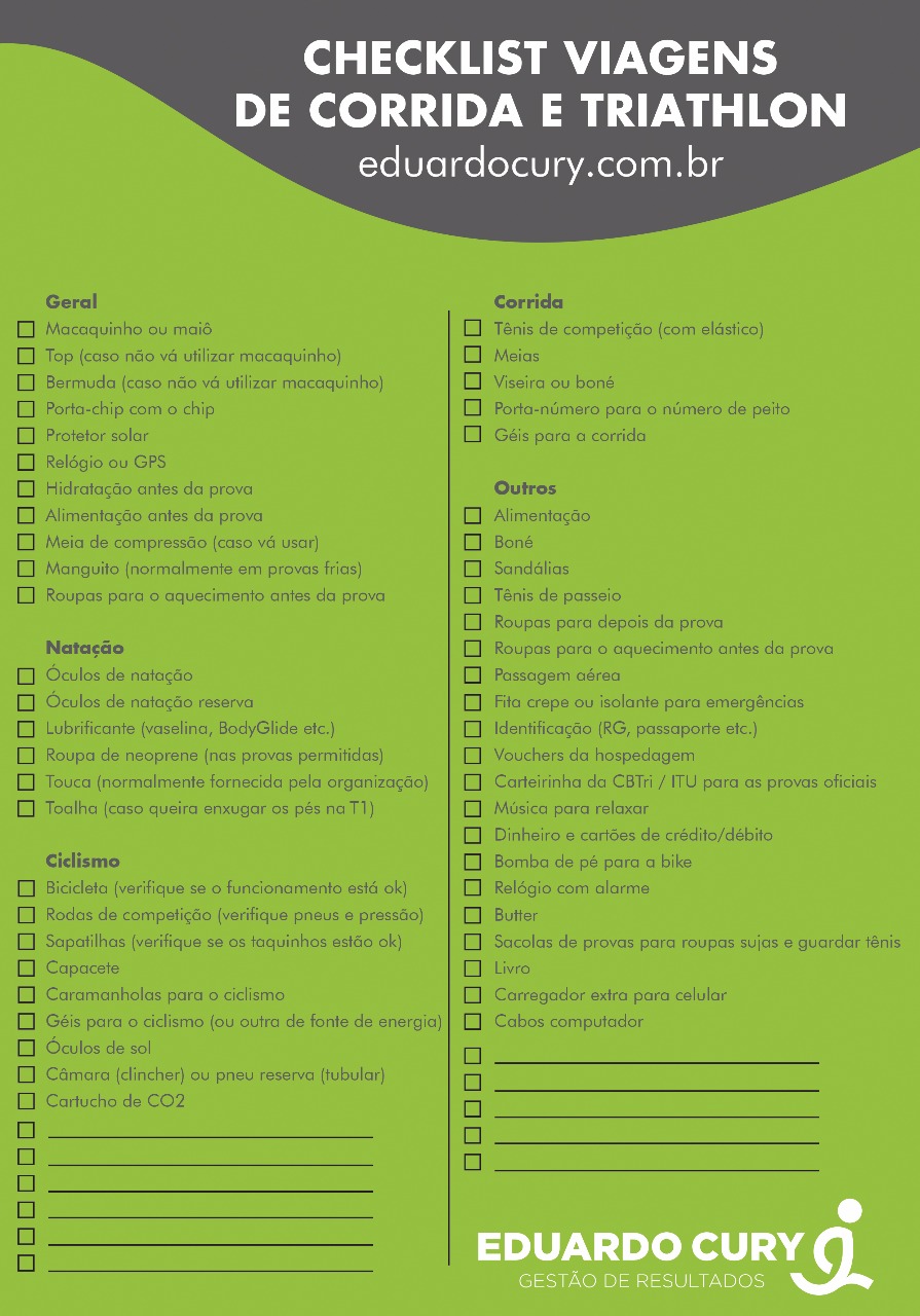 Checklist Viagens de Corrida e Triatlhon - Personal Trainer Eduardo Cury